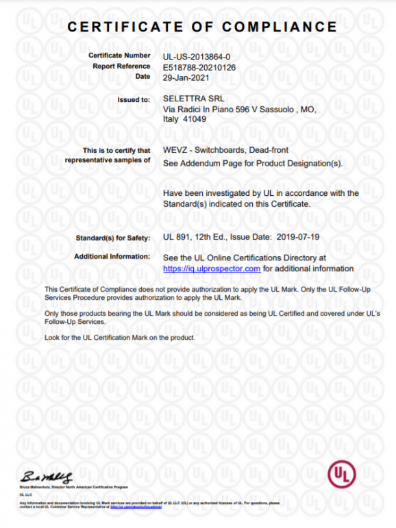 UL891 certified products - Selettra srl